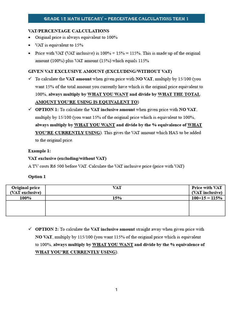 Grade 12 Math: VAT & Percentage Calculations | PDF | Value Added Tax ...