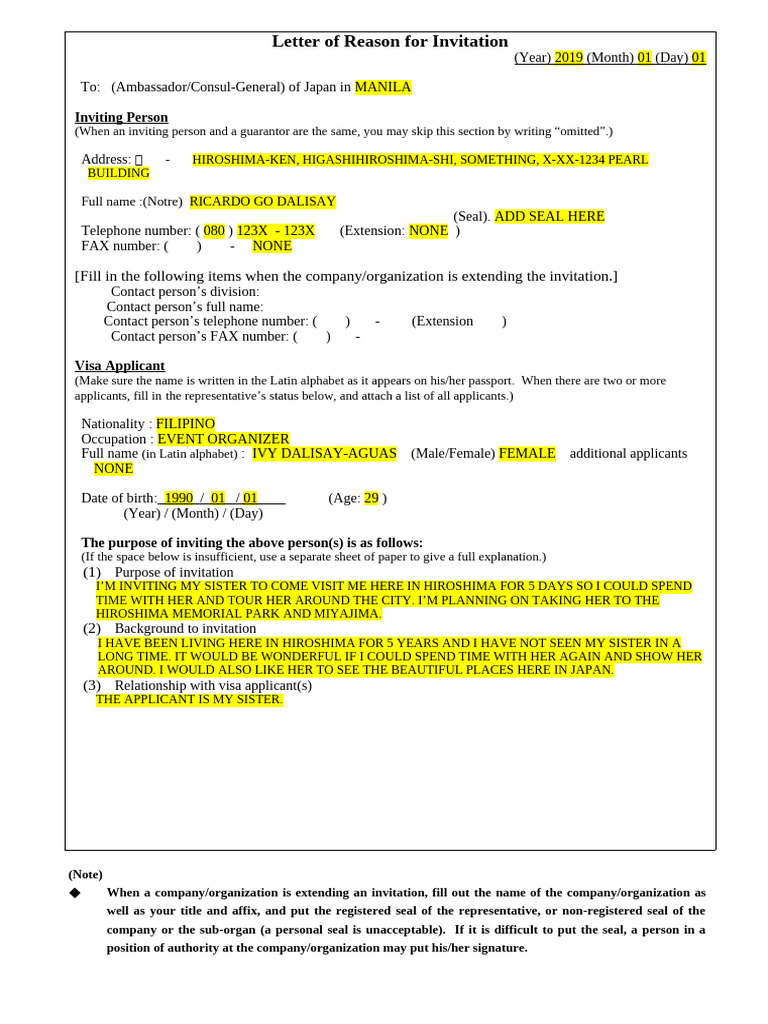 Sample Invitation Letter Japan Visa | PDF