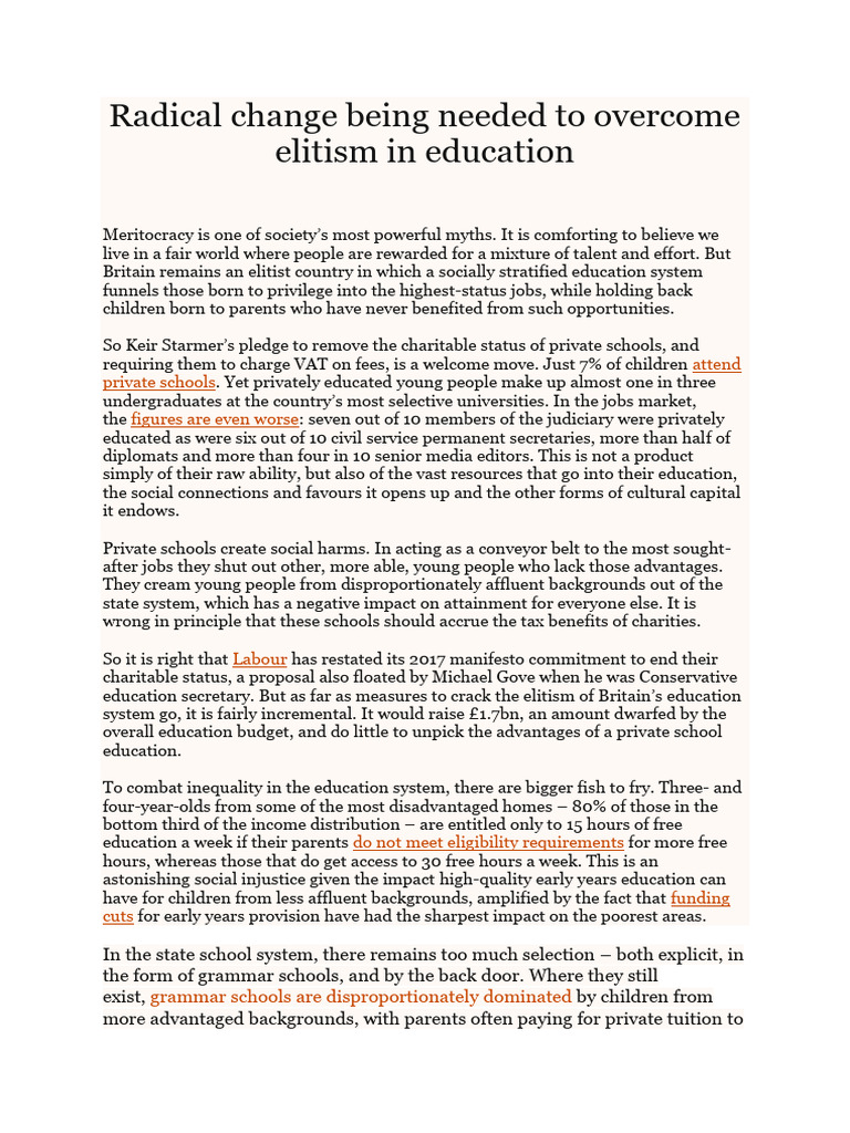 Radical Change Being Needed To Overcome Elitism in Education | PDF ...