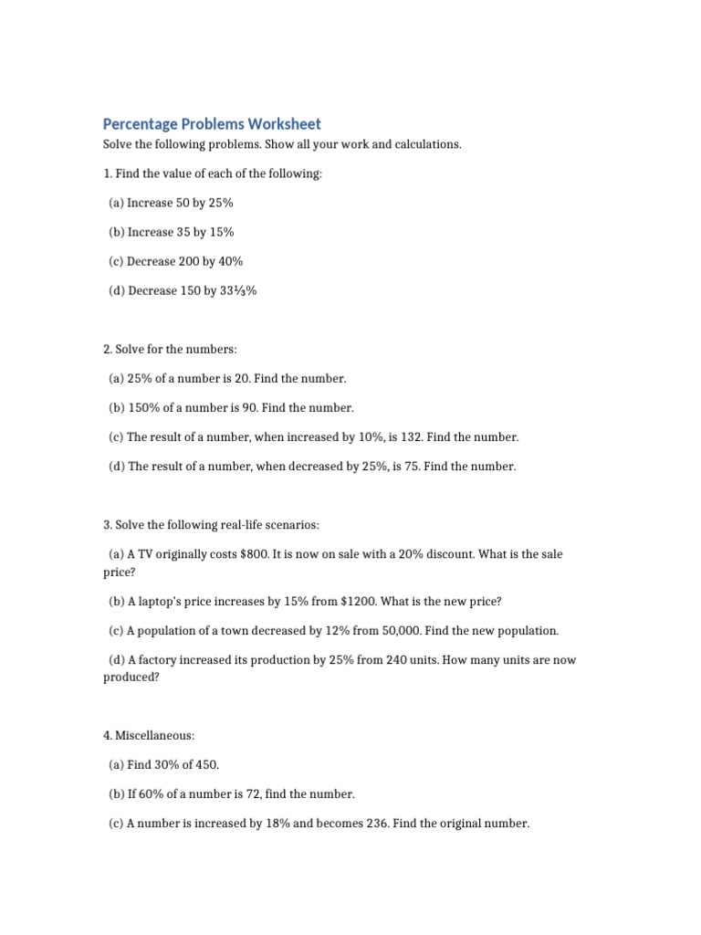 Percentage Problems Worksheet Guide | PDF