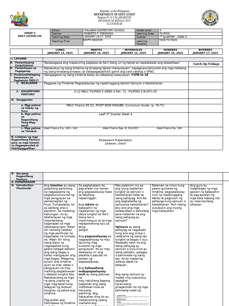 DLL Filipino Q3 W5 | PDF