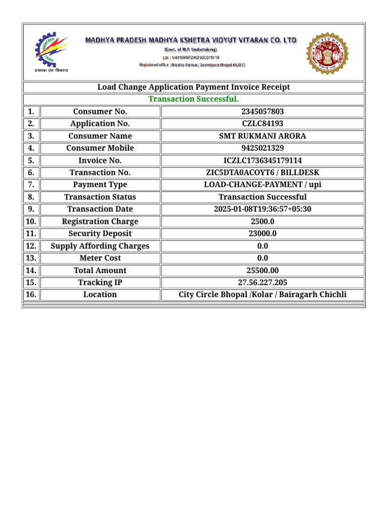 Load Change Payment Receipt-Saral Sanyojan | PDF