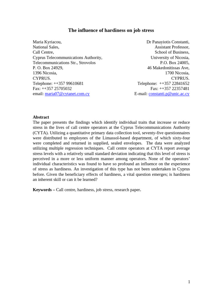 Hardiness and Job Stress in Call Centers | PDF | Stress (Biology ...