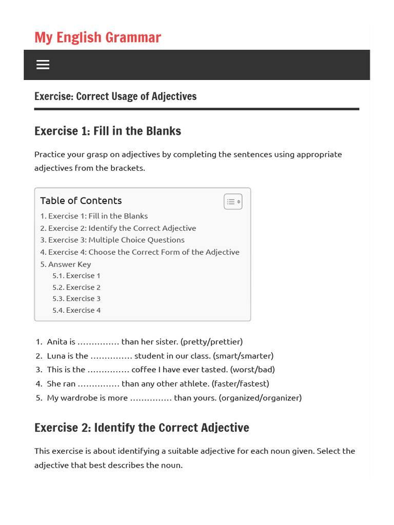 Mastering Adjective Usage Exercises | PDF | English Grammar | Adjective