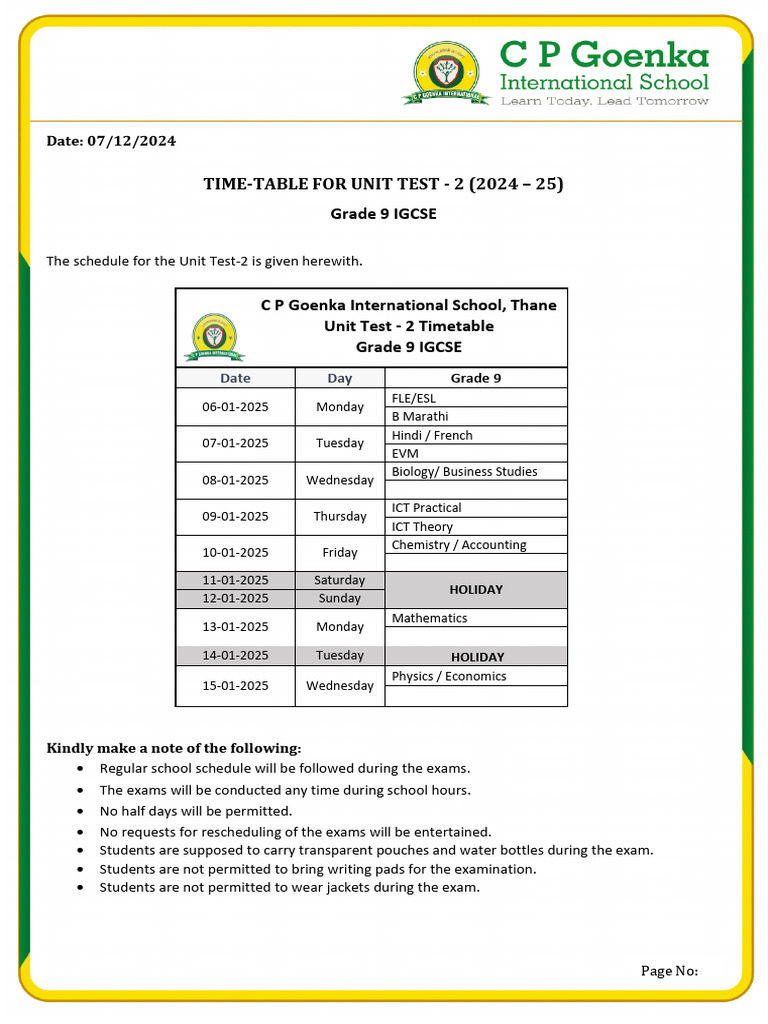Unit Test Syllabus and Time Table Grade 9 | PDF
