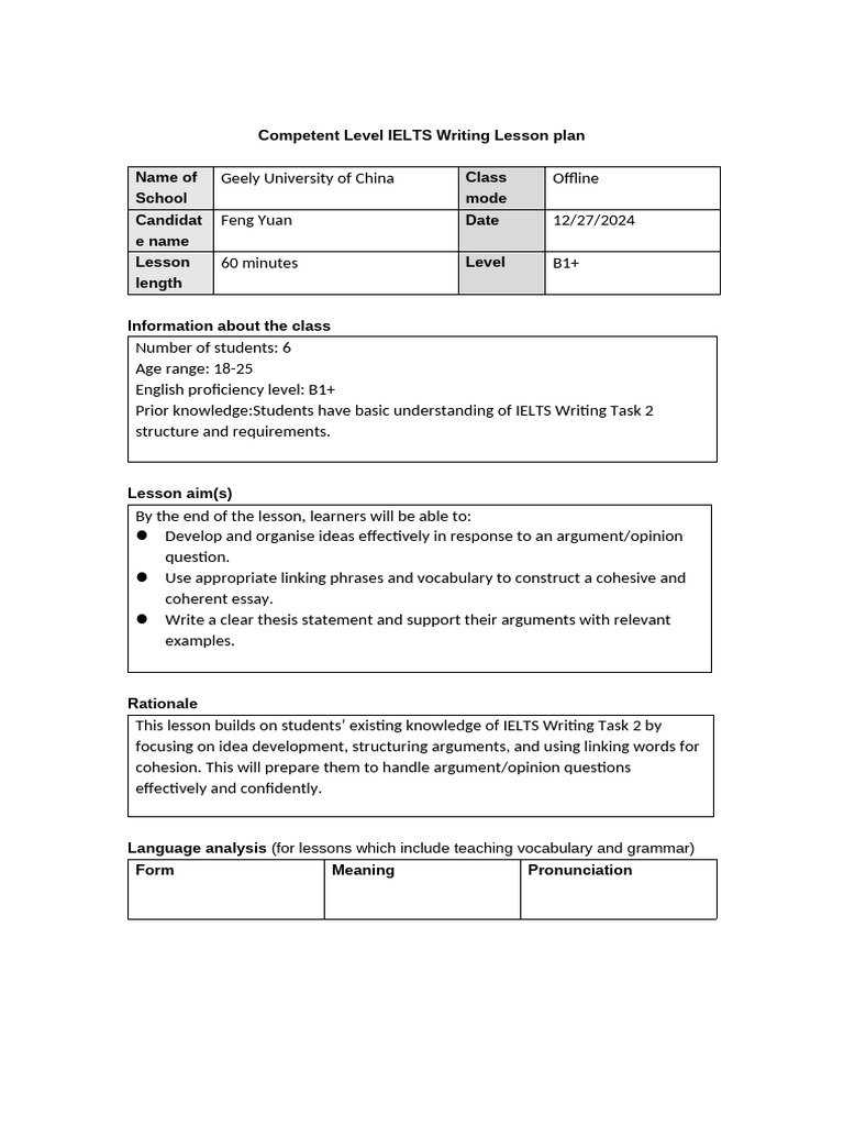 [Feng Yuan] IELTS Writing Lesson Plan | PDF | Essays | Vocabulary