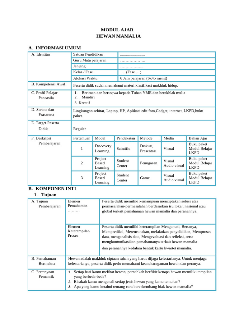 Modul Pembelajaran Hewan Mamalia | PDF