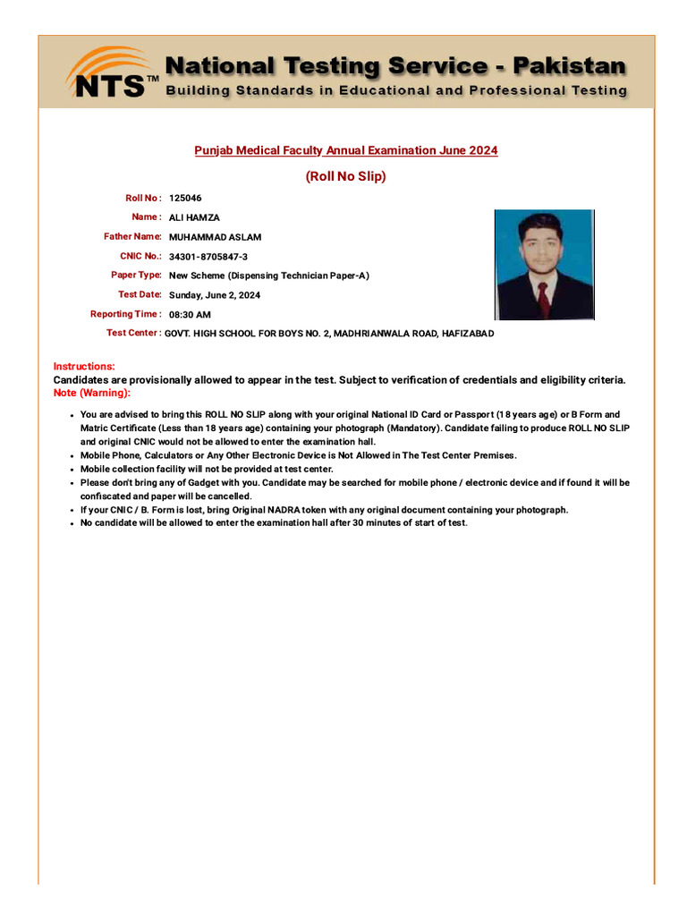 Punjab Medical Faculty Exam Roll No Slip | PDF | Identity Document ...