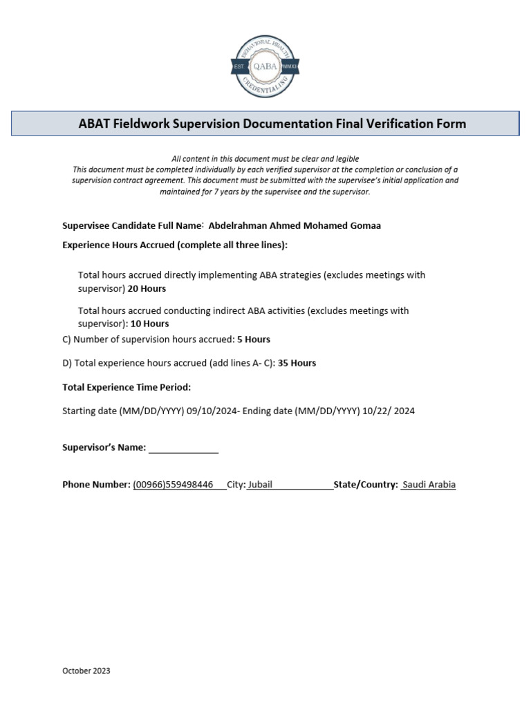 ABAT Fieldwork Supervision Documentation Final Verification Form | PDF | Certification