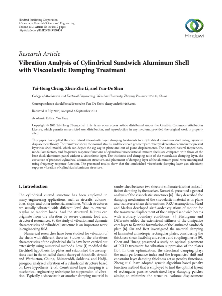 Vibration Analysis of Cylindrical Sandwich Aluminum Shell with Viscoelastic Damping Treatment ...