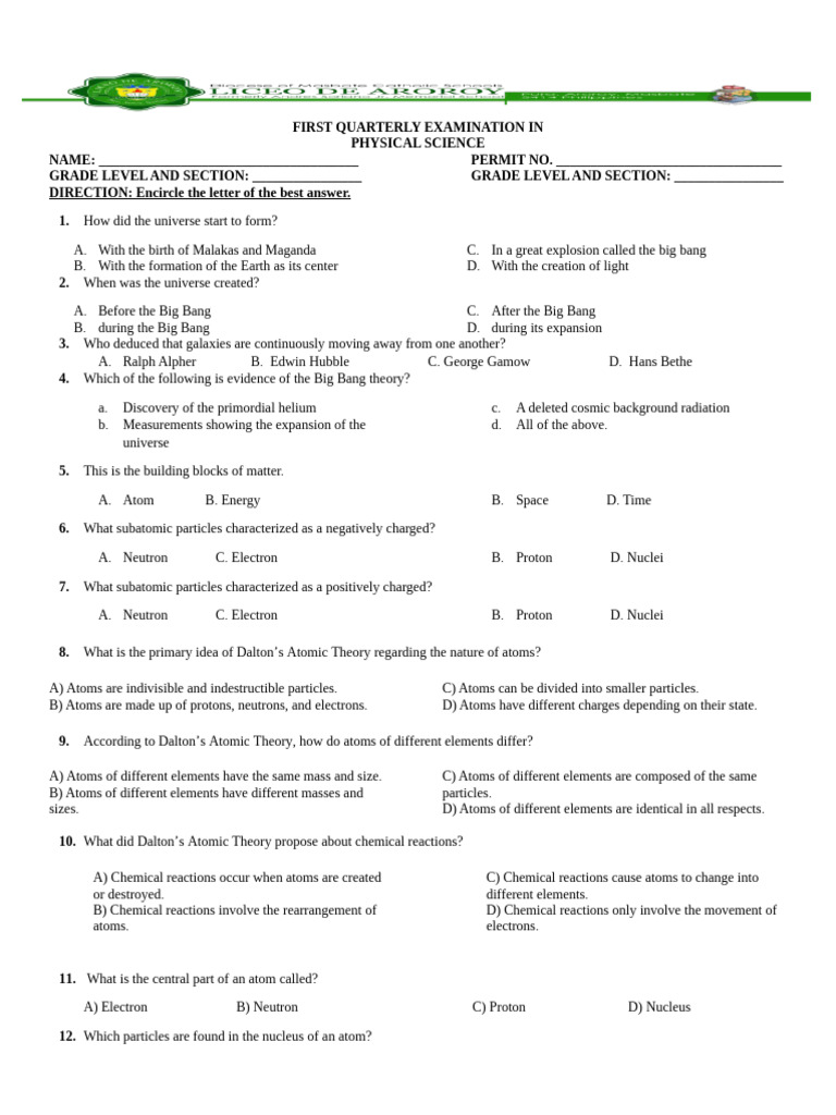 First Quarterly Examination in Physical Science Revised | PDF | Atoms ...