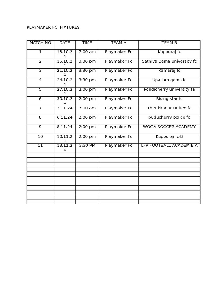 Playmaker FC Match Schedule | PDF