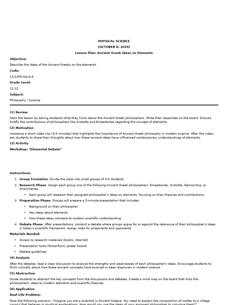 PHYSICAL SCIENCE LESSON PLAN 2ND QUARTER WEEK 1 | PDF | Idea | Science
