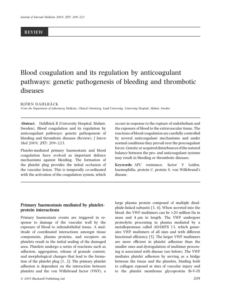 Journal of Internal Medicine - 2005 - DAHLBÄCK - Blood coagulation and its regulation by ...