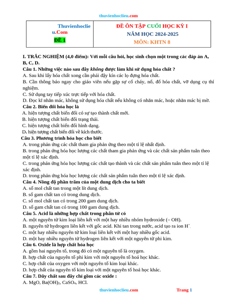 Thuvienhoclieu.com Bo de on Tap Cuoi Hk1 KHTN 8 Nam 24 25 | PDF