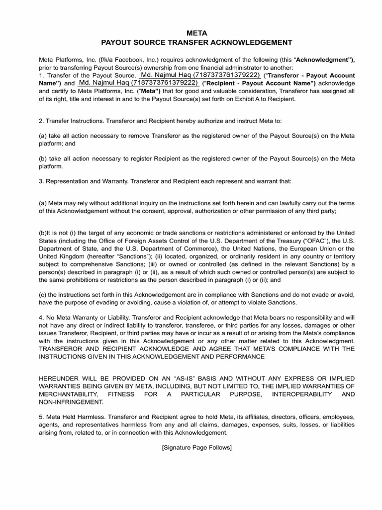 Meta Payout Source Transfer Acknowledgement-2 | PDF