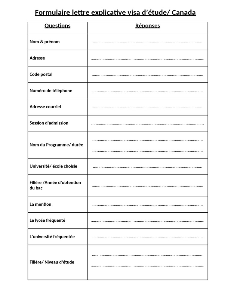 Formulaire .letrre explicative , Canada | PDF