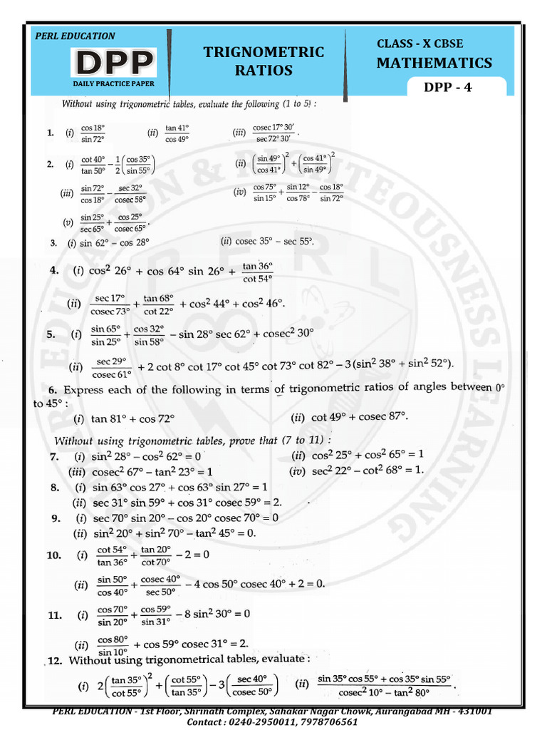 Class X CBSE Trigonometry Practice | PDF