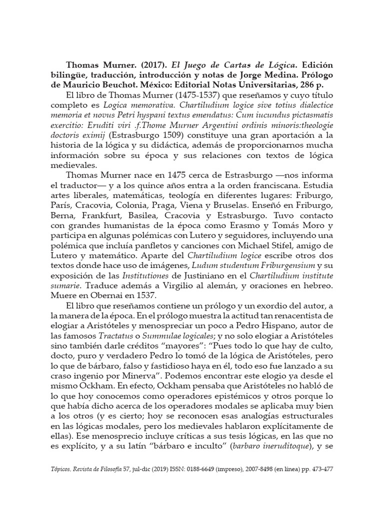 Thomas Murner 2017 El Juego de Cartas de Logica | PDF | Aristóteles