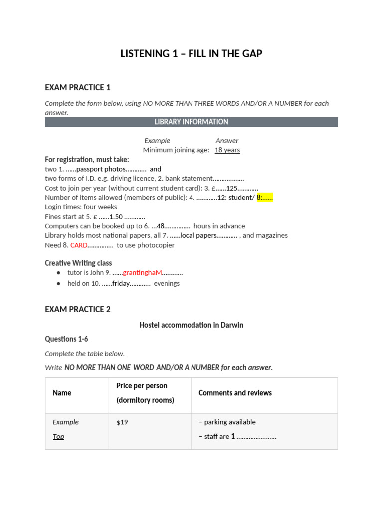 LISTENING 1 - Fill in The Gap Section 1 | PDF