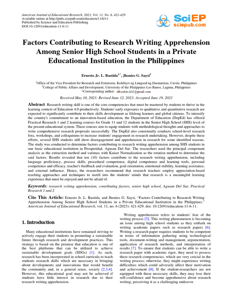 Factors of Research Writing Apprehension | PDF | Fear | Principal ...