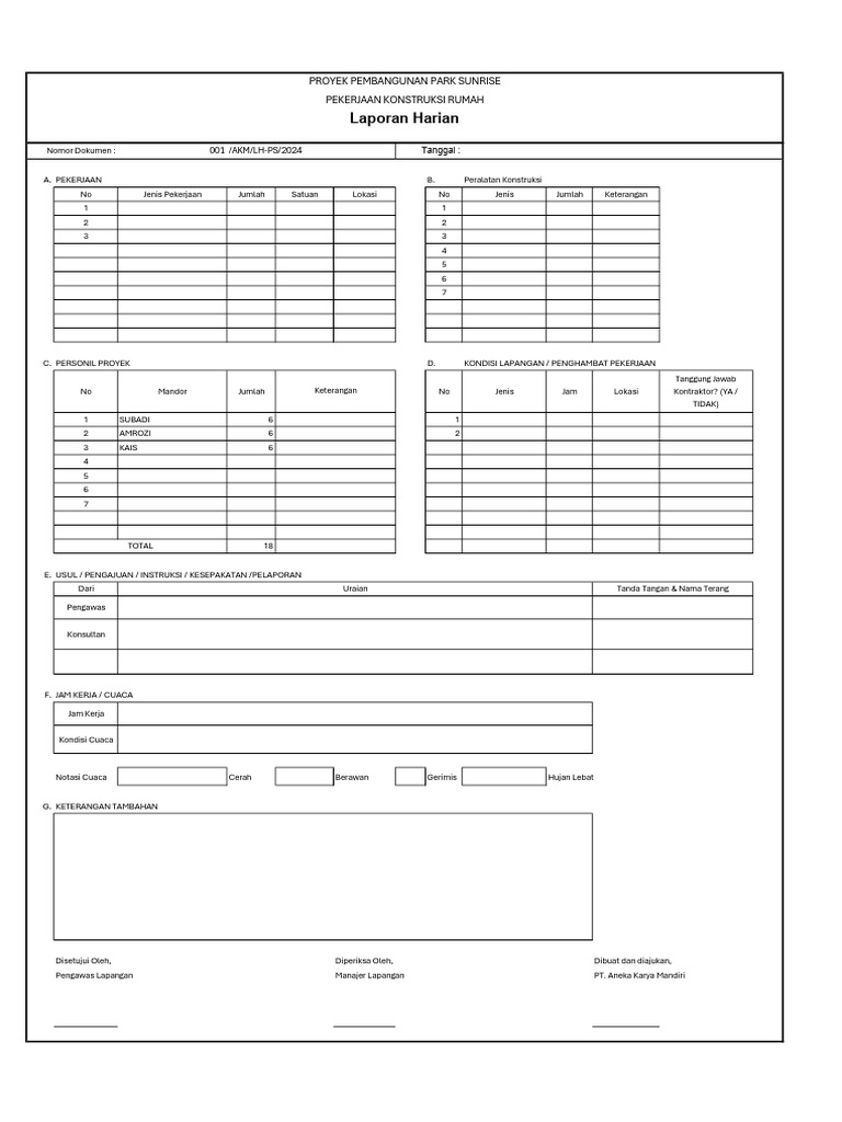 Form Kosong Laporan Harian | PDF