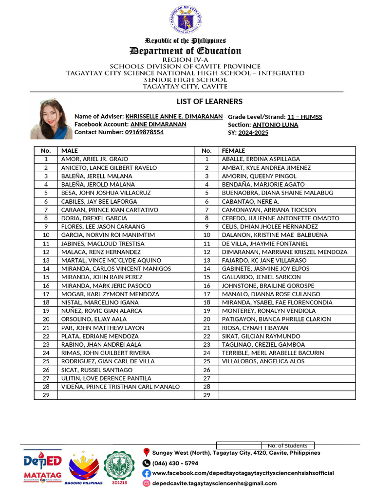 Masterlist - HUMSS Antonio Luna | PDF