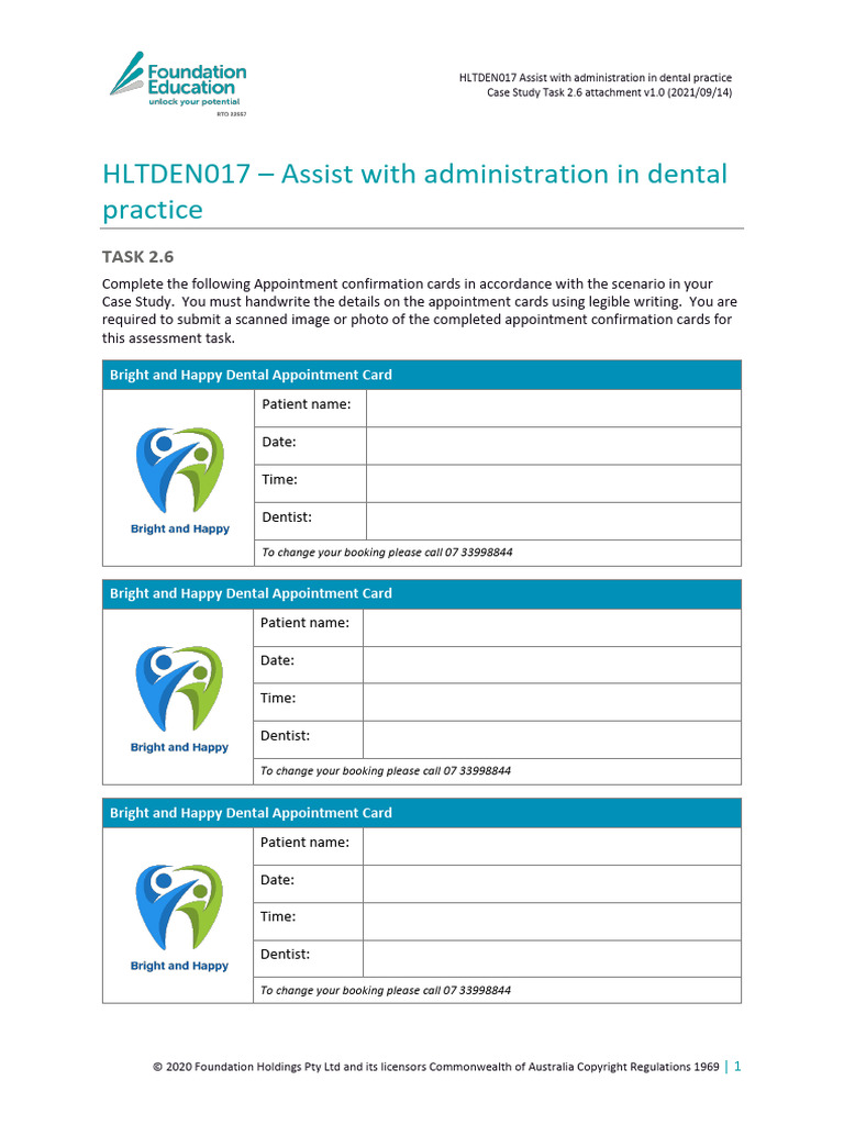 HLTDEN017 - Bright and Happy Appointment Card (DEN) | PDF