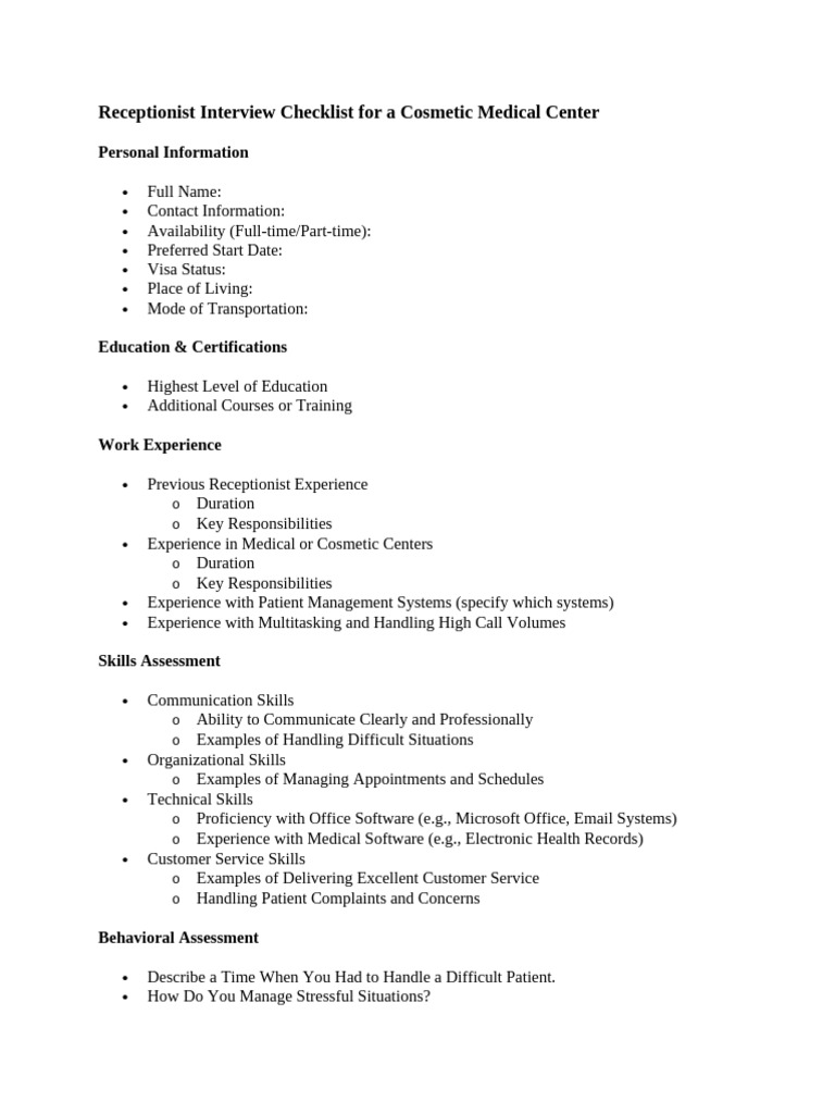Receptionist Interview Checklist | PDF | Communication | Patient
