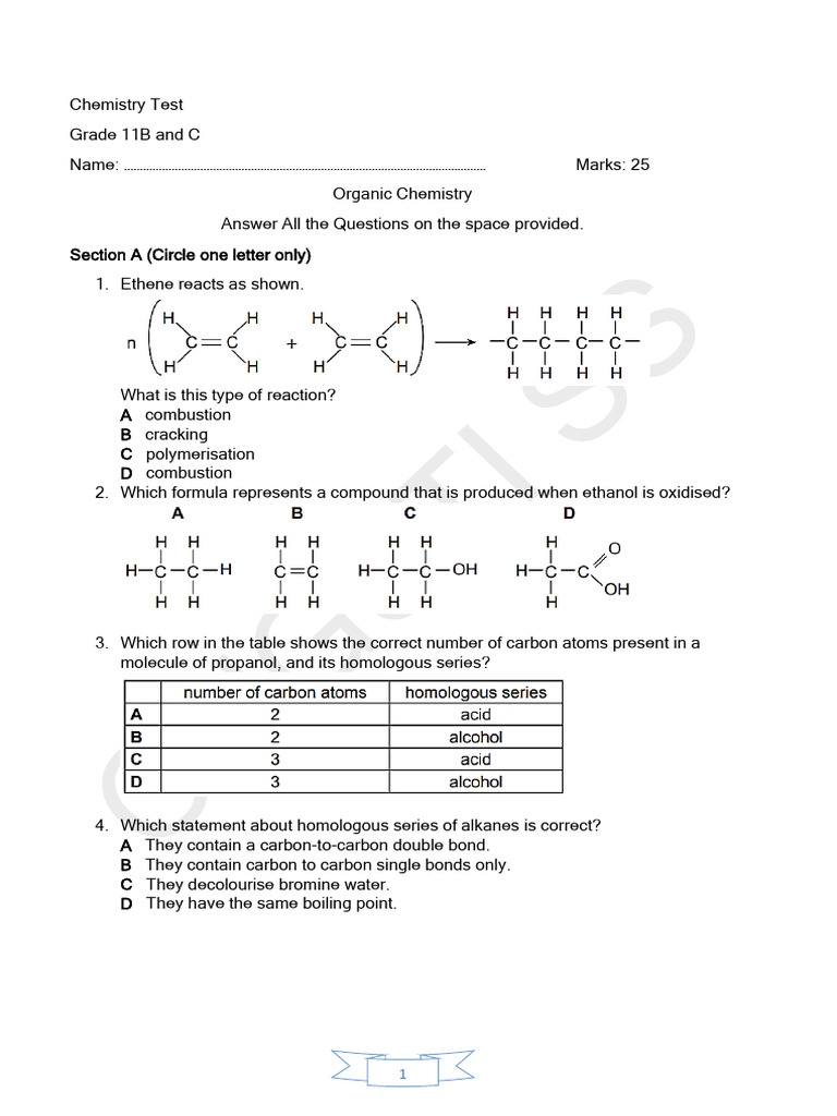 Grade 11 Organic Chemistry Test | PDF | Chemistry | Chemical Compounds