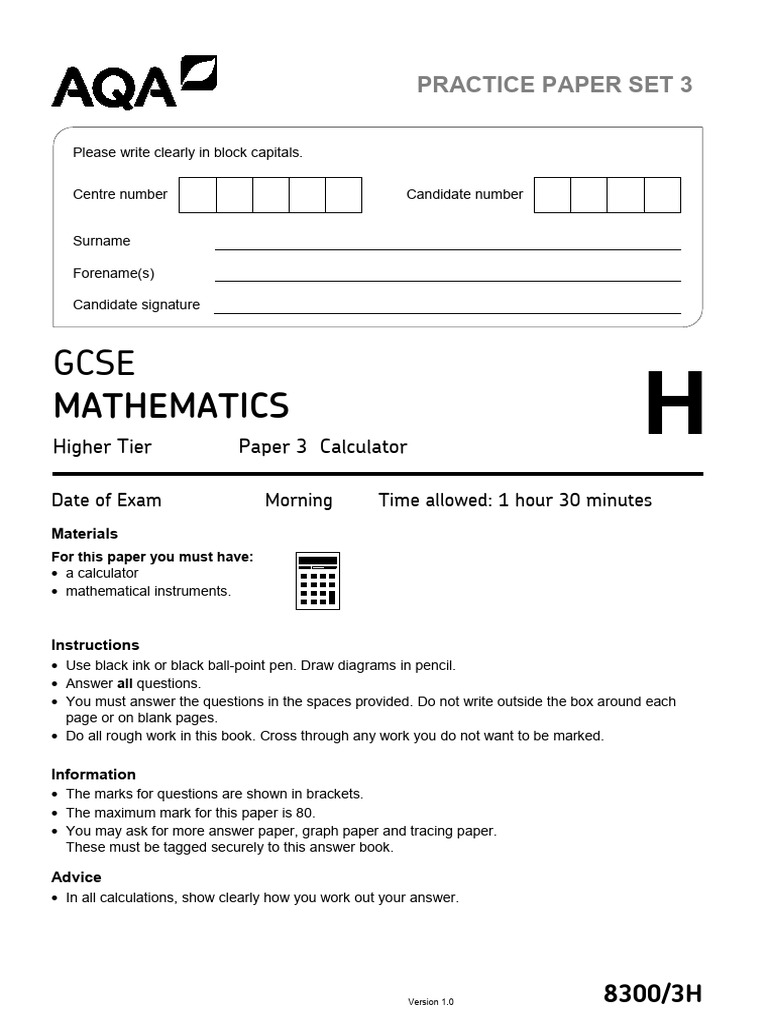 Aqa Gcse Mathematics 8300 Paper 3h Practice Papers Set 3 Question Paper ...