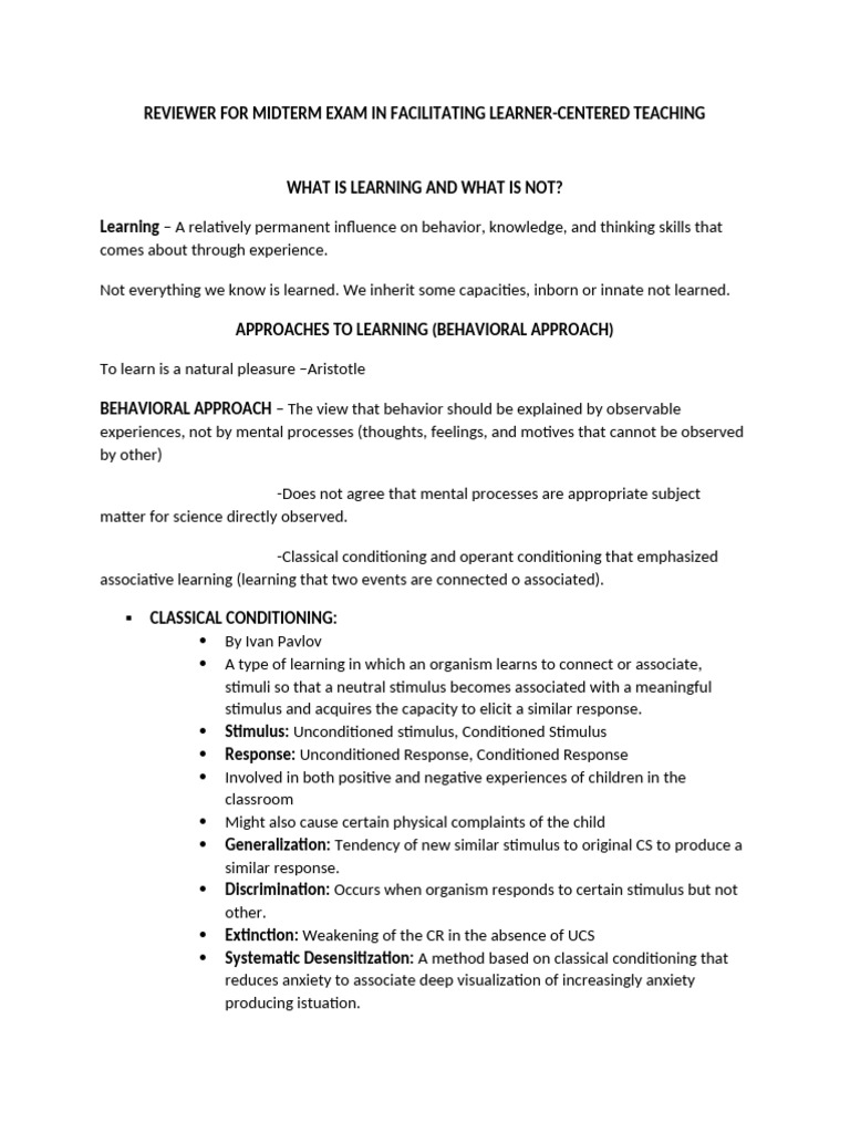 Midterm Exam Review: Learner-Centered Teaching | PDF | Classical Conditioning | Reinforcement