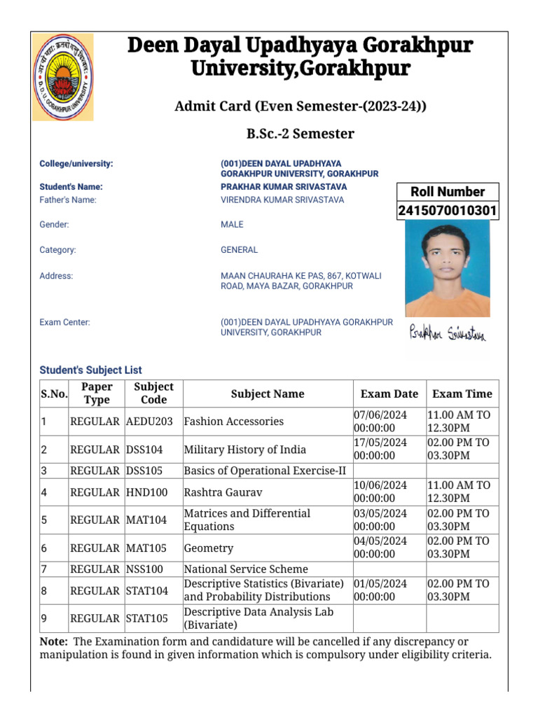 2nd Sem Admit Card | PDF