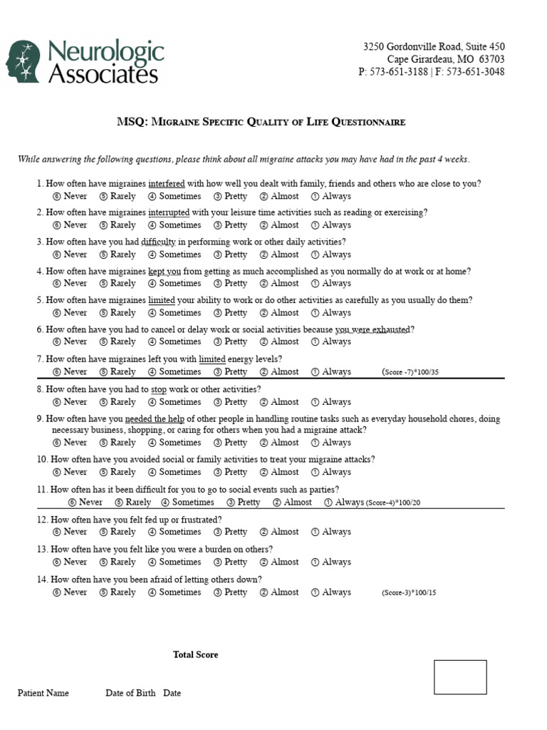 Migraine Specific Quality of Life Questionnaire - Updated | PDF | Human Diseases And Disorders ...
