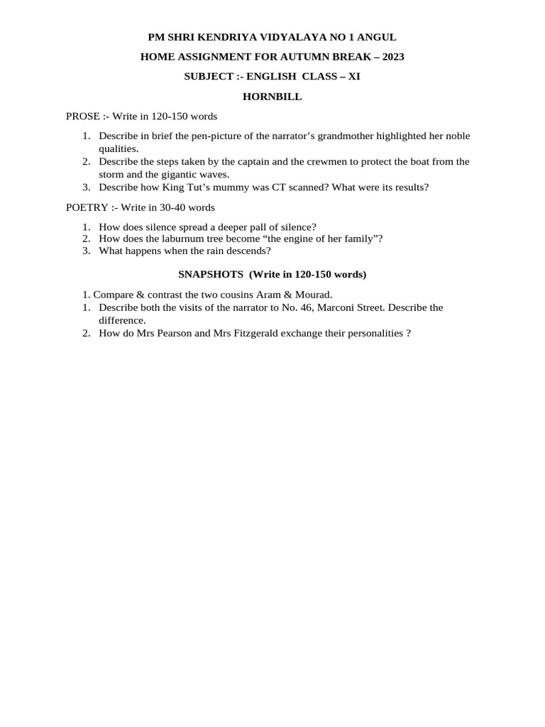 CLASS XI ENGLISH HOLIDAY HOMEWORK | PDF