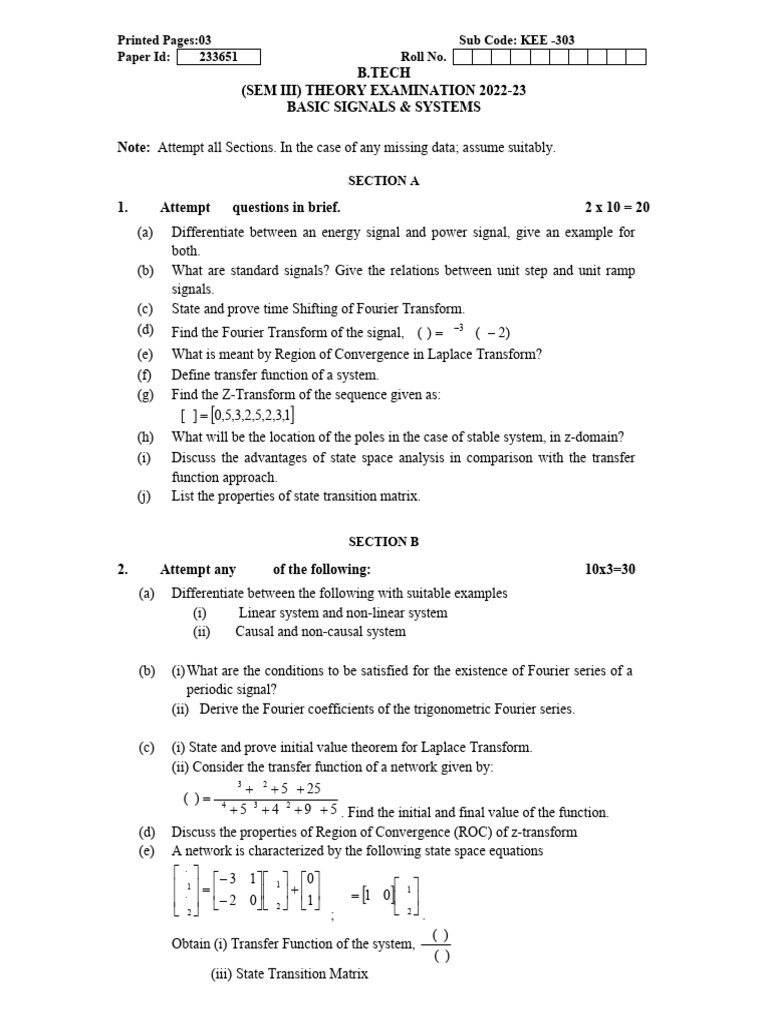 Basic Signals & Systems Kee303 (2022-23) | PDF | Laplace Transform | Fourier Transform