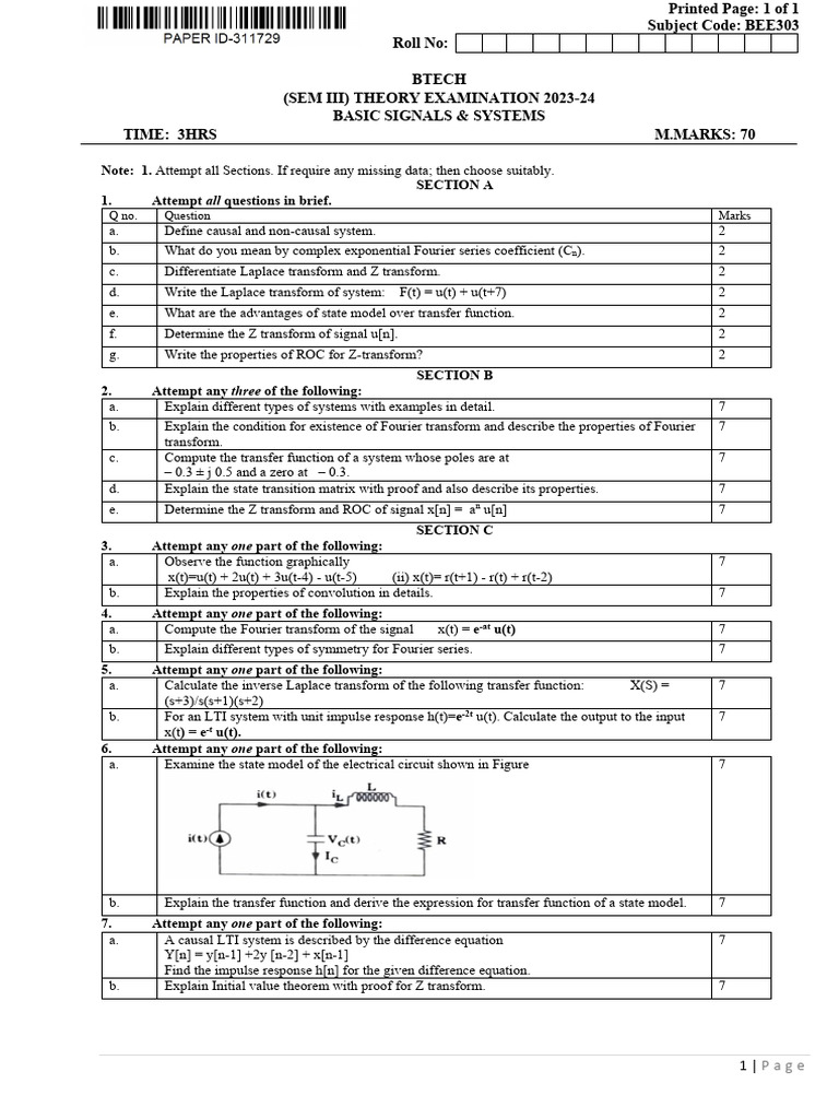 BASIC SIGNALS & SYSTEMS BEE303 (2023-24) | PDF | Applied Mathematics | Mathematical Analysis