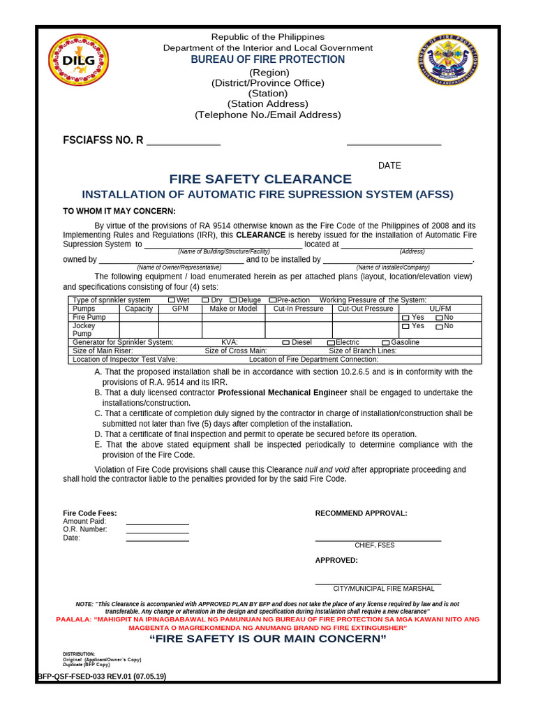 FSED 033 Fire Safety Clearance - Installation of Automatic Fire ...