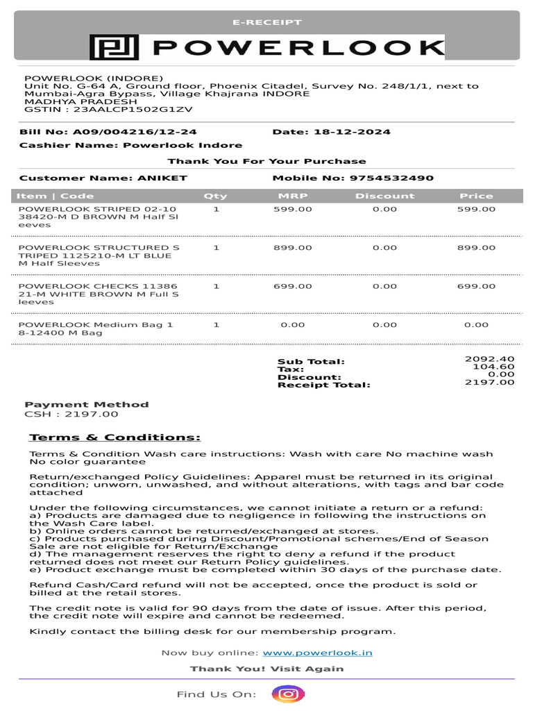 Powerlook Indore Purchase Receipt | PDF | Money | Payments