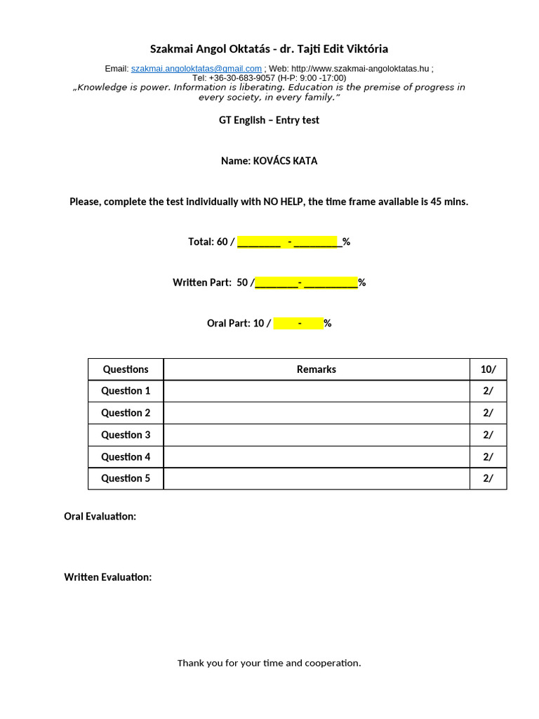 GT English - Entry Test - 2022 | PDF