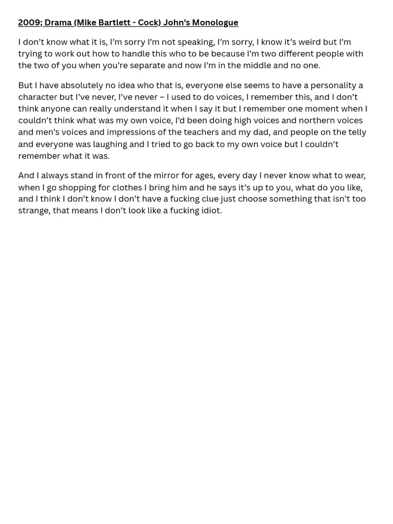 2009 Drama (Mike Bartlett - Cock) John's Monologue | PDF