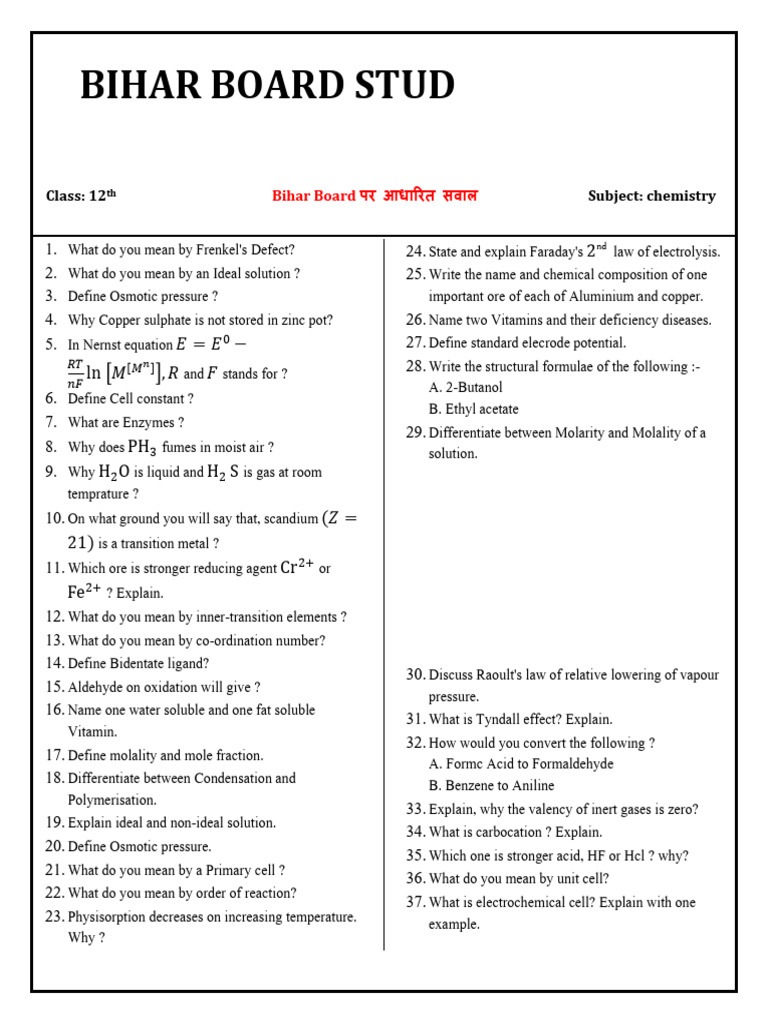 BSEB Class 12th Chemistry Important Questions | PDF | Ethanol | Acid