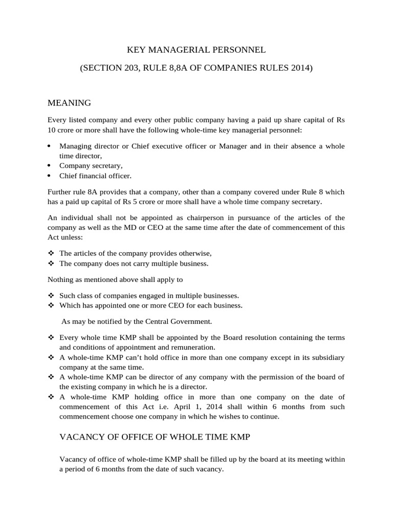 KEY MANAGERIAL PERSONNEL | PDF | Insolvency | Board Of Directors