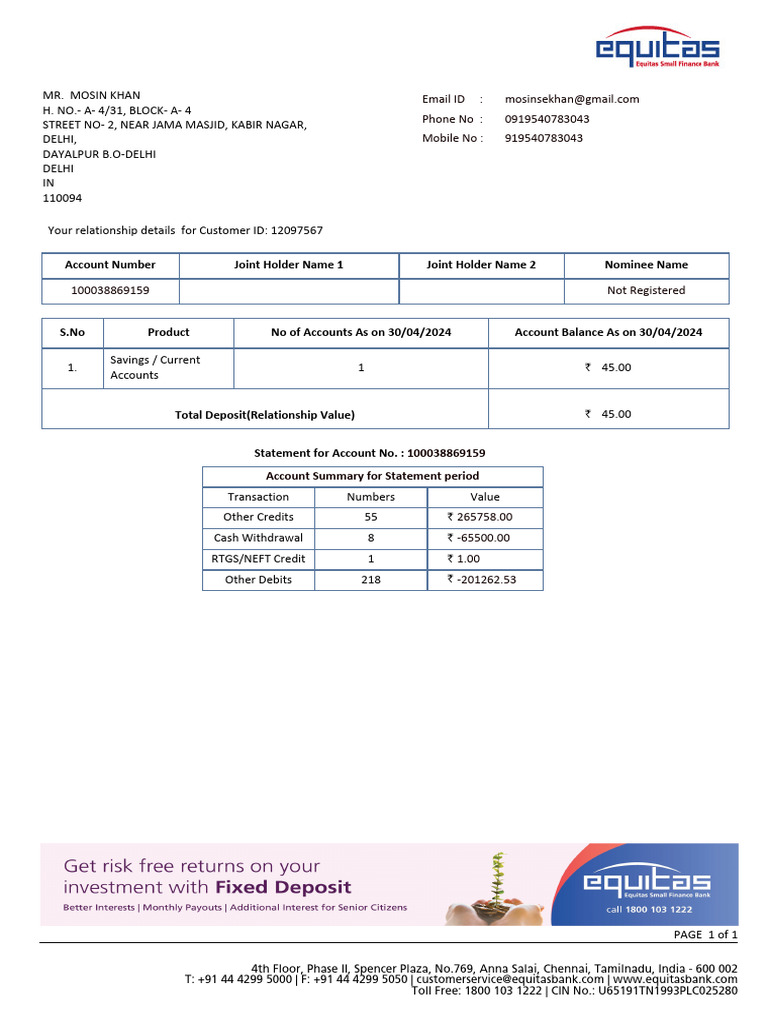 Eq Savings Account Statement 30-04-2024 12097567 | PDF | Cheque | Banks