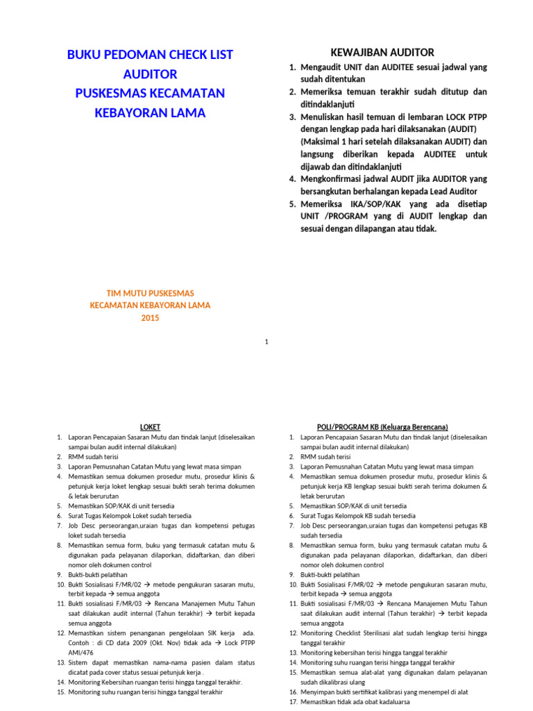 Buku Pedoman Check List Auditor | PDF
