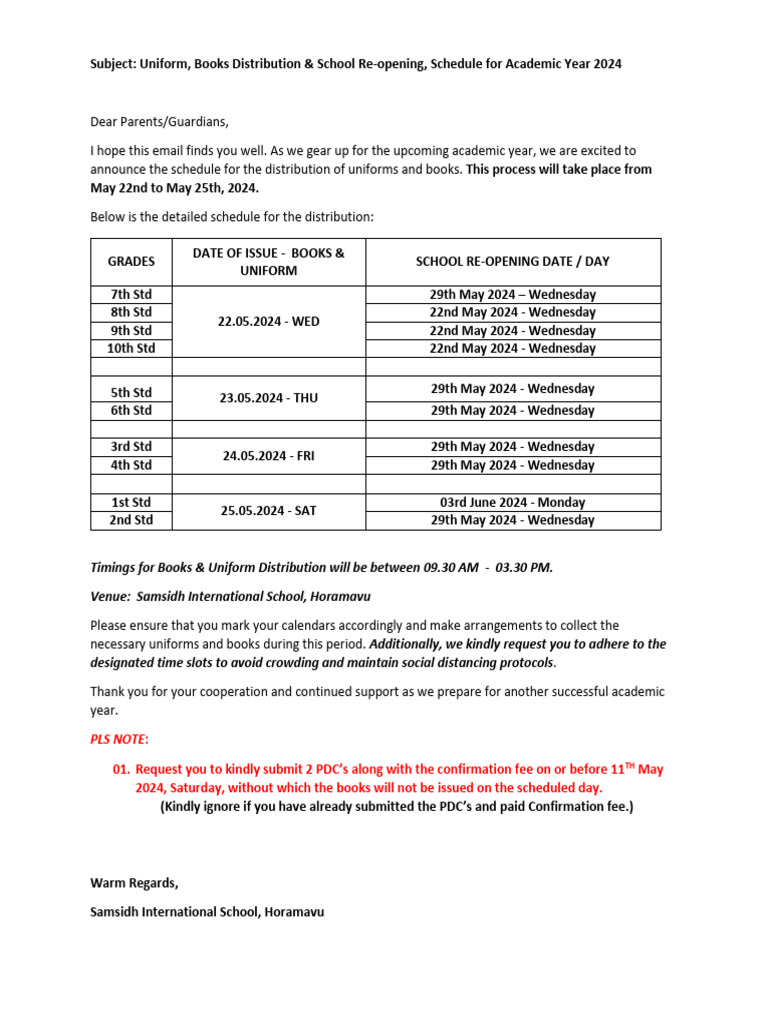 School Uniforms & Books Schedule 2024 | PDF