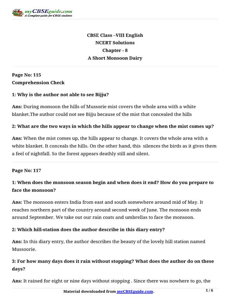 08 Eng Ncert Honeydew Ch08 a Short Monsoon Dairy Ques | PDF