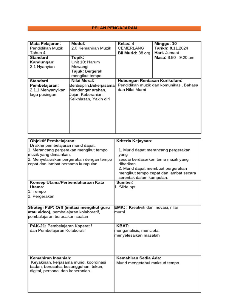 RPH Muzik Tahun 2 (M10) | PDF