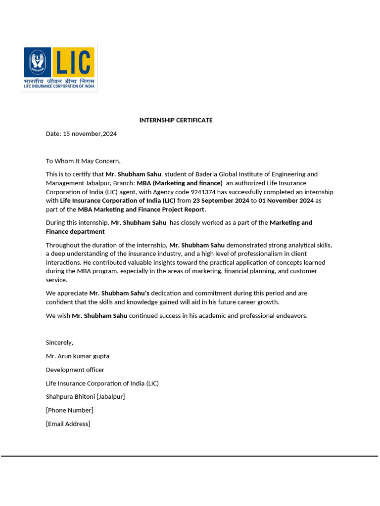 MBA Internship Completion | PDF