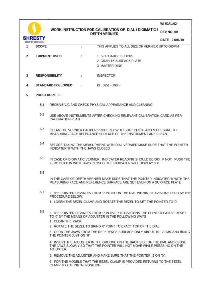 WI For Calib - of V.Caliper | PDF | Equipment | Tools
